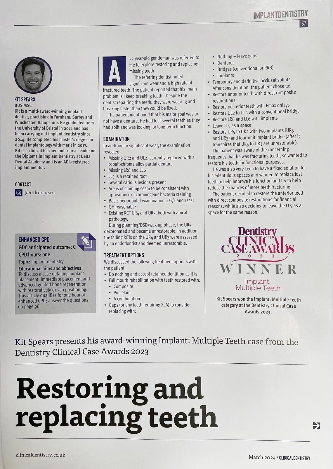 Kit Spears has award-winning dental implant case published